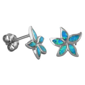 sterling silver synthetic blue opal plumeria starfish stud earrings