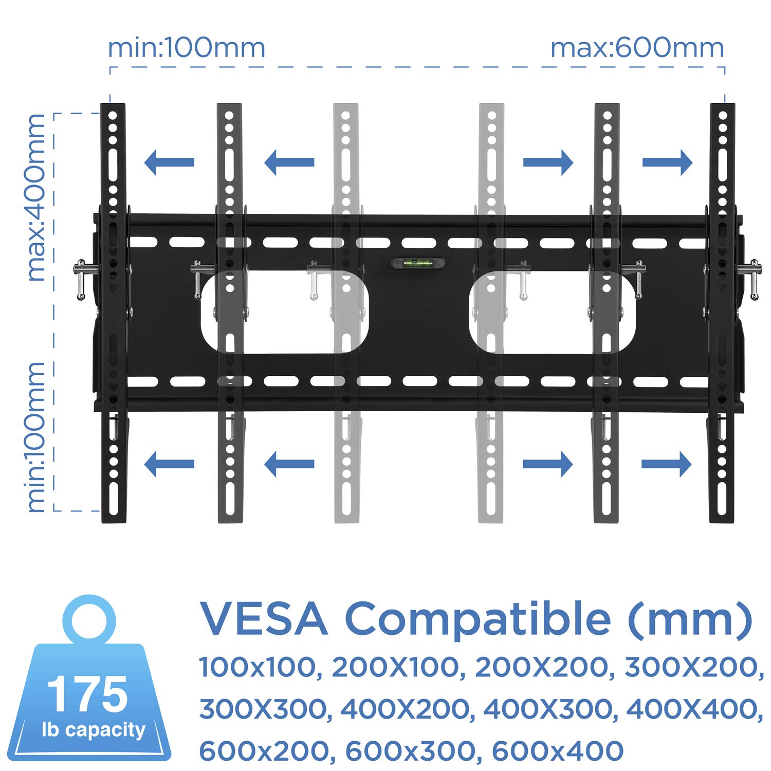 Mount-It Low-Profile Tilting TV Wall Mount Bracket for 32-60 inch LCD, LED, OLED, 4K or Plasma Flat Screen TVs - 175 lbs Capacity, 1.5 Inch Profile, Max VESA 600x400 (MI-318B), Black, 60