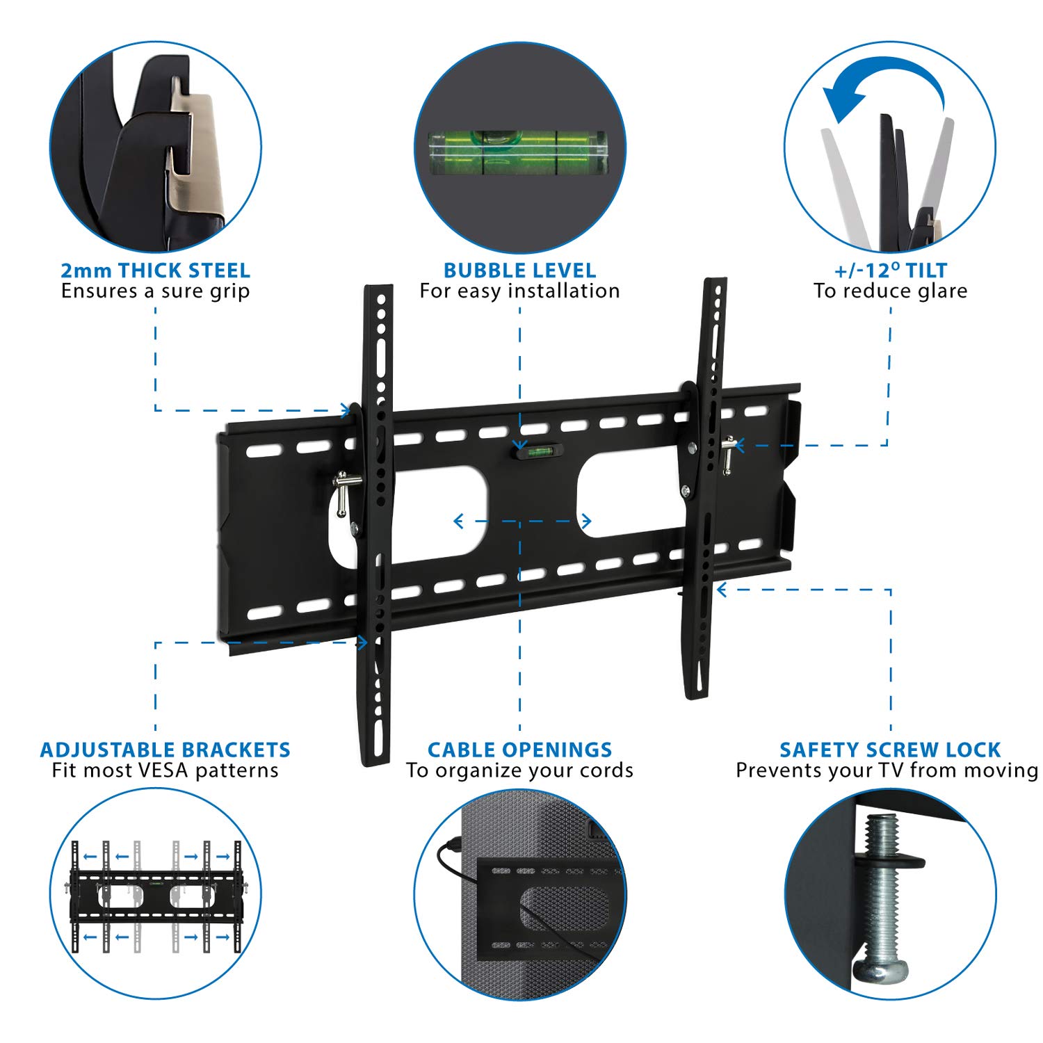 Mount-It Low-Profile Tilting TV Wall Mount Bracket for 32-60 inch LCD, LED, OLED, 4K or Plasma Flat Screen TVs - 175 lbs Capacity, 1.5 Inch Profile, Max VESA 600x400 (MI-318B), Black, 60