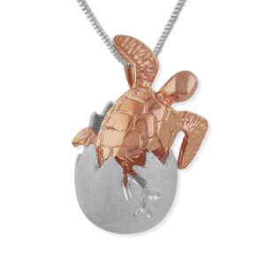 sterling silver with rose gold tone accents baby turtle hatchling egg pendant necklace, 16+2" extender