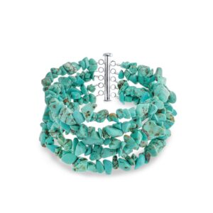 statement wide gemstone stabilized blue turquoise chips multi strand bracelet western jewelry for women teens .925 sterling silver tube clasp