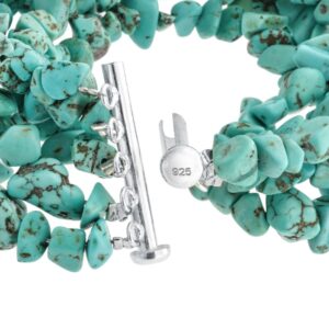 Statement Wide Gemstone Stabilized Blue Turquoise Chips Multi Strand Bracelet Western Jewelry For Women Teens .925 Sterling Silver Tube Clasp