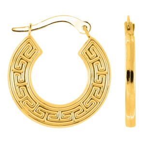 14k yellow gold round greek key hoop earrings, diameter 15mm