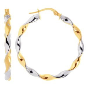 14k 2 tone gold round twisted tube hoop earrings. diameter 30mm