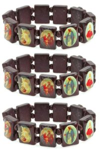 purple whale unisex wooden panel stretchable bracelet with assorted images of saints, jesus, rosary | adjustable bracelet | ideal catholic jewelry gift (reddish brown)