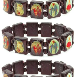 PURPLE WHALE Unisex Wooden Panel Stretchable Bracelet with Assorted Images of Saints, Jesus, Rosary | Adjustable Bracelet | Ideal Catholic Jewelry Gift (Reddish Brown)