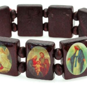 PURPLE WHALE Unisex Wooden Panel Stretchable Bracelet with Assorted Images of Saints, Jesus, Rosary | Adjustable Bracelet | Ideal Catholic Jewelry Gift (Reddish Brown)