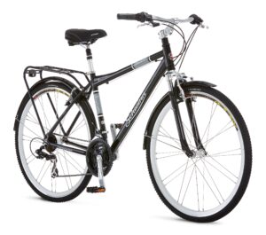 schwinn discover adult hybrid bike for men and women, 700c wheels, 21-speeds, 19-inch aluminum step-over frame, front and rear fenders, rear cargo rack, black