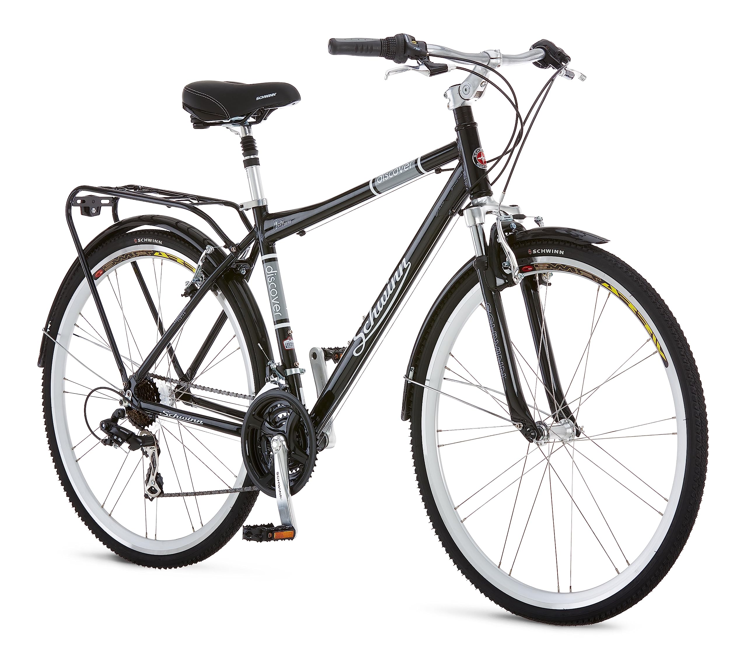 Schwinn Discover Adult Hybrid Bike for Men and Women, 700c Wheels, 21-Speeds, 19-Inch Aluminum Step-Over Frame, Front and Rear Fenders, Rear Cargo Rack, Black