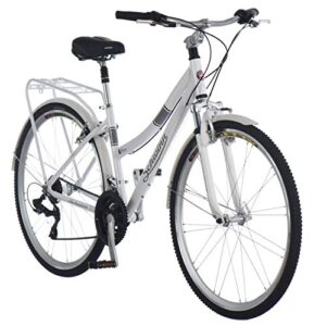 schwinn discover adult hybrid bike for men and women, 700c wheels, 21-speeds, 17-inch aluminum step-through frame, front and rear fenders, rear cargo rack, white