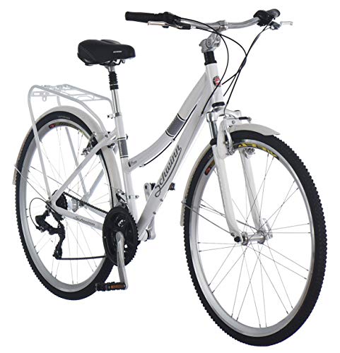 Schwinn Discover Adult Hybrid Bike for Men and Women, 700c Wheels, 21-Speeds, 17-Inch Aluminum Step-Through Frame, Front and Rear Fenders, Rear Cargo Rack, White