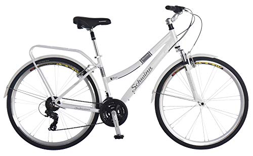 Schwinn Discover Adult Hybrid Bike for Men and Women, 700c Wheels, 21-Speeds, 17-Inch Aluminum Step-Through Frame, Front and Rear Fenders, Rear Cargo Rack, White