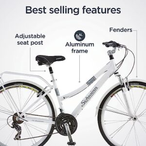 Schwinn Discover Adult Hybrid Bike for Men and Women, 700c Wheels, 21-Speeds, 17-Inch Aluminum Step-Through Frame, Front and Rear Fenders, Rear Cargo Rack, White