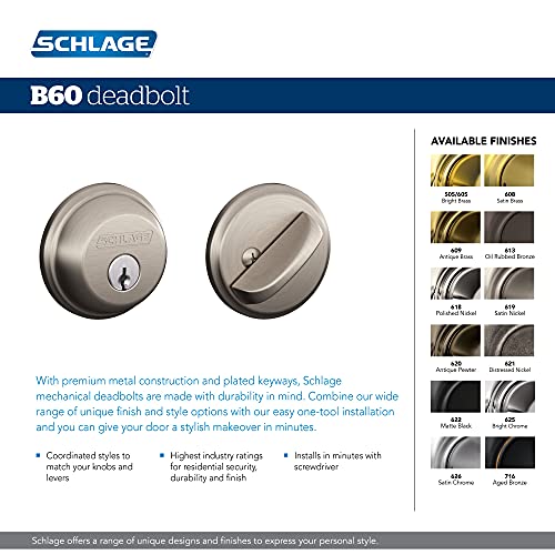 Schlage B60 N 622 Deadbolt, Keyed 1 Side, Highest Residential Security, Matte Black