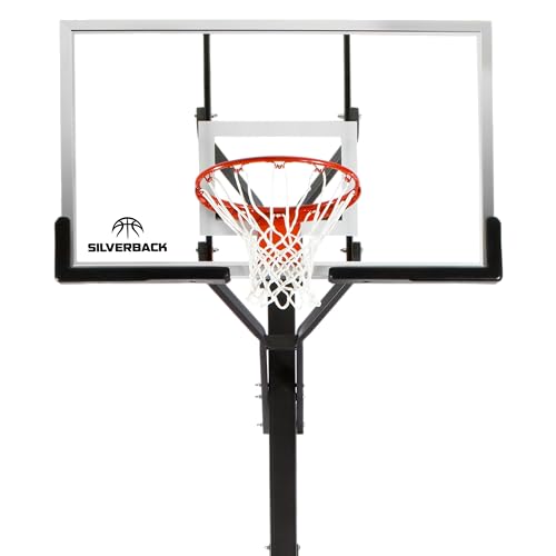 Silverback 54" In-Ground Height Adjustable Basketball System with Tempered Glass Backboard, Pro-Style Breakaway Rim, and Backboard Pad