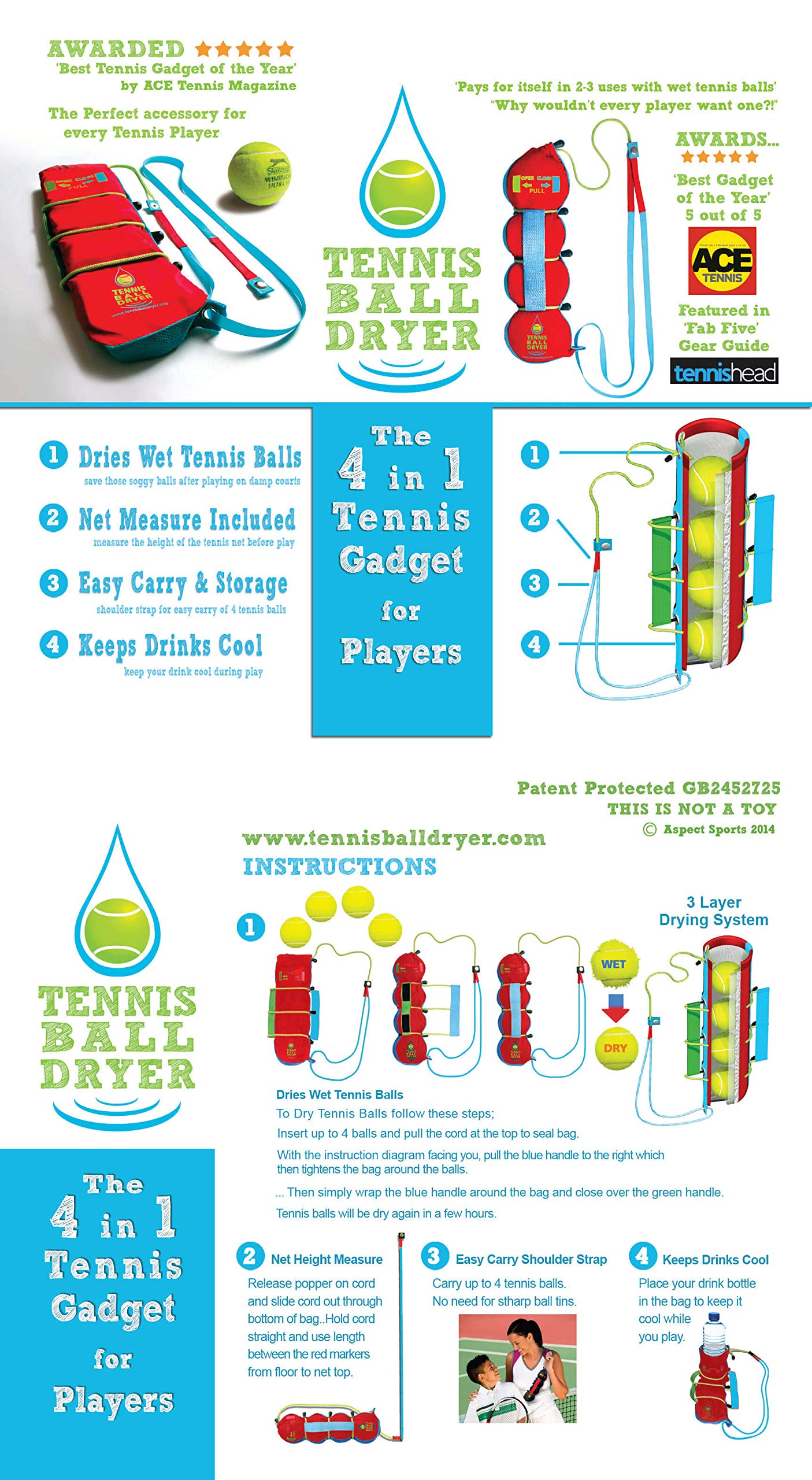 Tennis Ball Dryer -The 4-in-1 Tennis Gadget - Voted 'Best Tennis Gadget' - Includes 4 Great Features in 1. The Perfect Tennis Gift for Any Player.