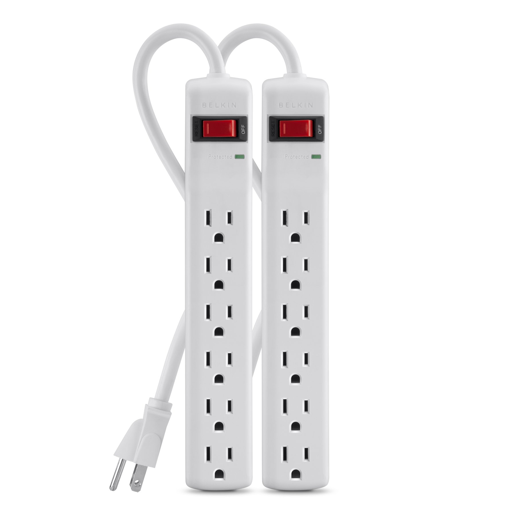 Belkin Power Strip Surge Protector - 6 AC Multiple Outlets, 2 ft Long Heavy Duty Metal Extension Cord for Home, Office, Travel, Computer Desktop & Phone Charging Brick - 200 Joules, White (2 Pack)