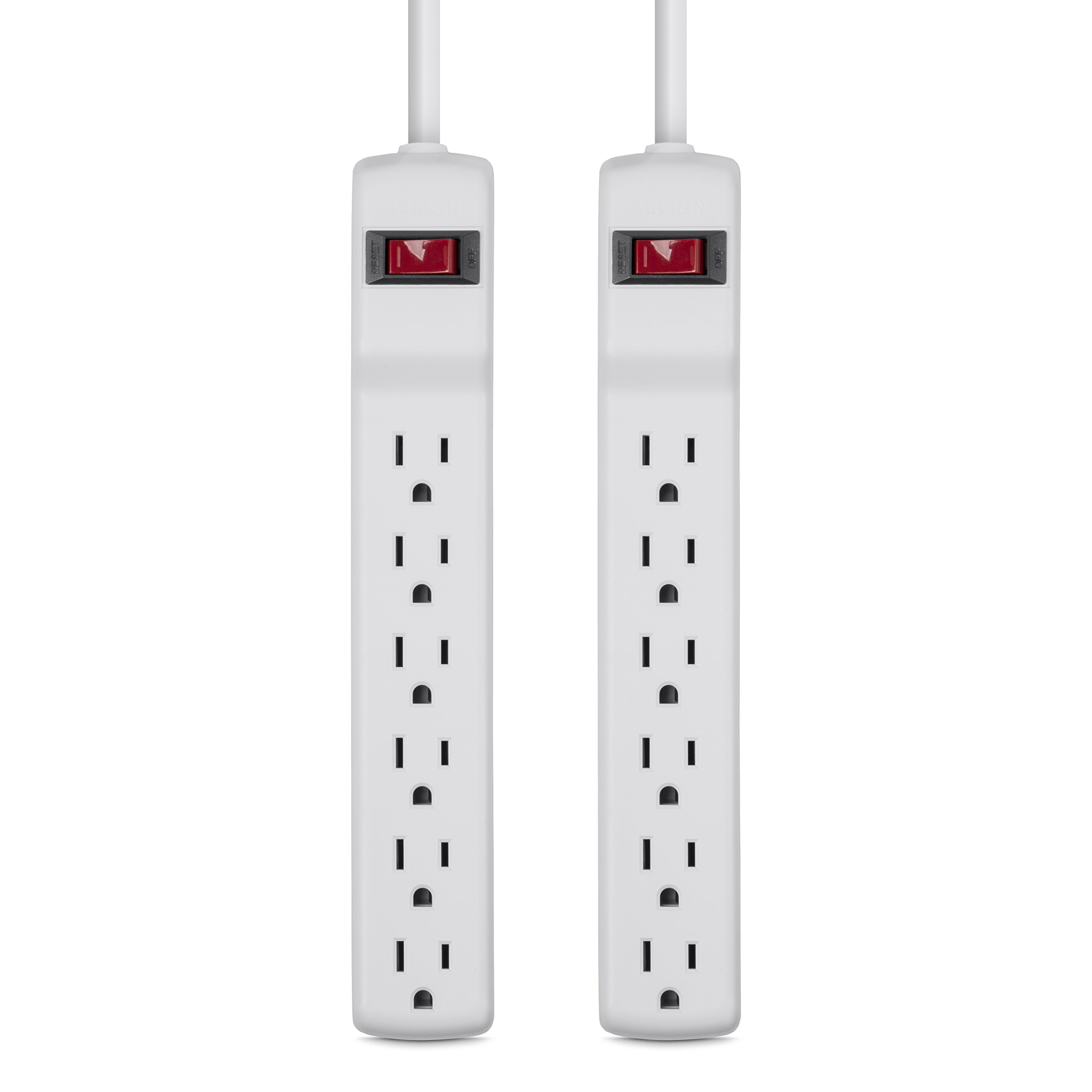 Belkin Power Strip Surge Protector - 6 AC Multiple Outlets, 2 ft Long Heavy Duty Metal Extension Cord for Home, Office, Travel, Computer Desktop & Phone Charging Brick - 200 Joules, White (2 Pack)