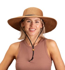 sloggers women's wide brim braided sun hat with wind lanyard - upf 50+ maximum sun protection dark brown