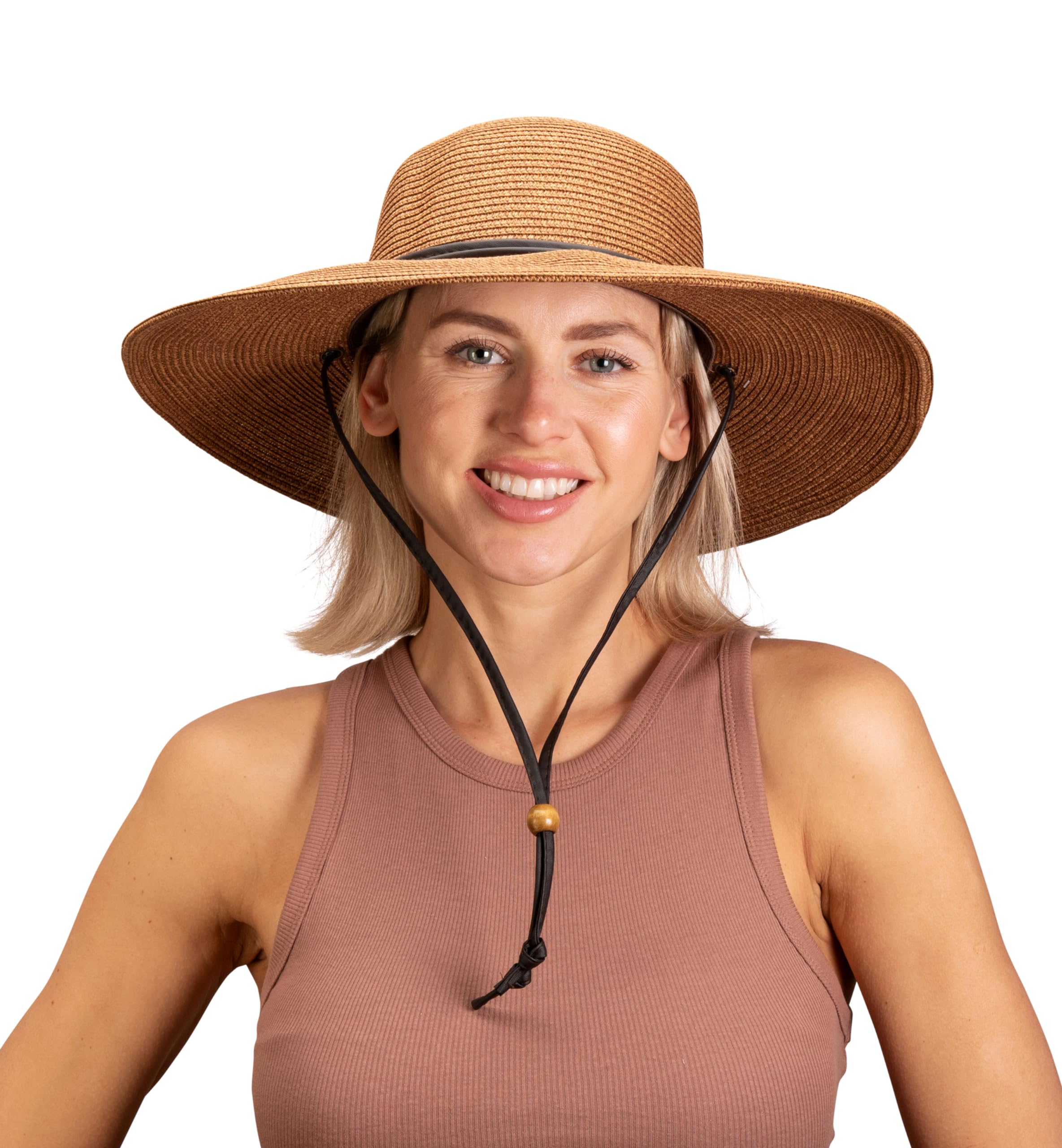 Sloggers Women's Wide Brim Braided Sun Hat with Wind Lanyard - UPF 50+ Maximum Sun Protection Dark Brown