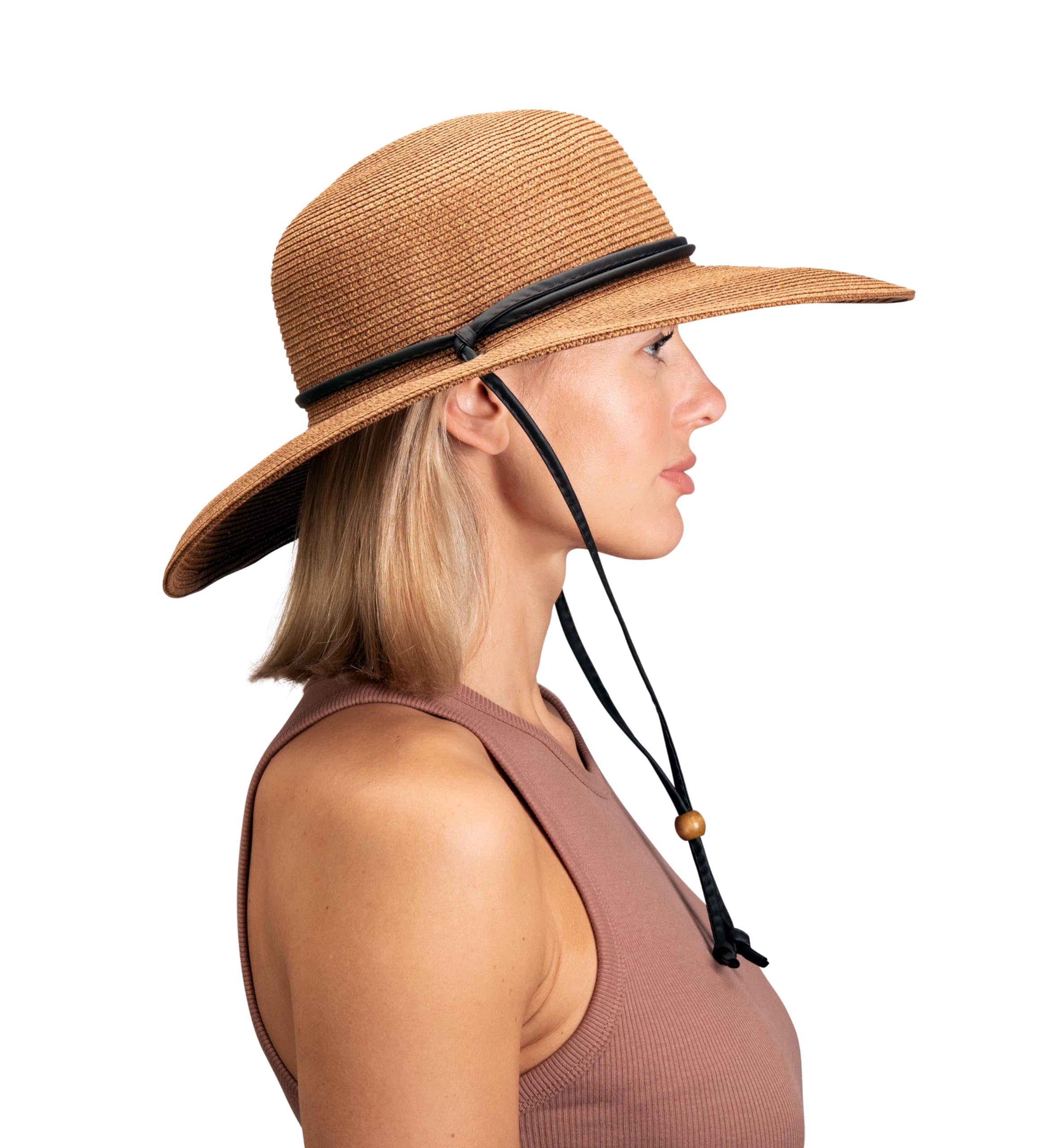 Sloggers Women's Wide Brim Braided Sun Hat with Wind Lanyard - UPF 50+ Maximum Sun Protection Dark Brown