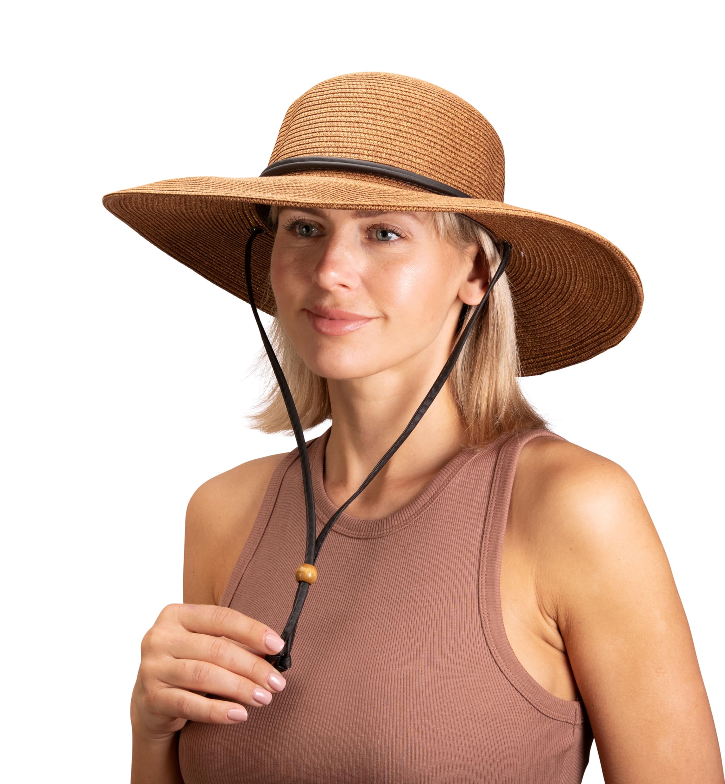 Sloggers Women's Wide Brim Braided Sun Hat with Wind Lanyard - UPF 50+ Maximum Sun Protection Dark Brown