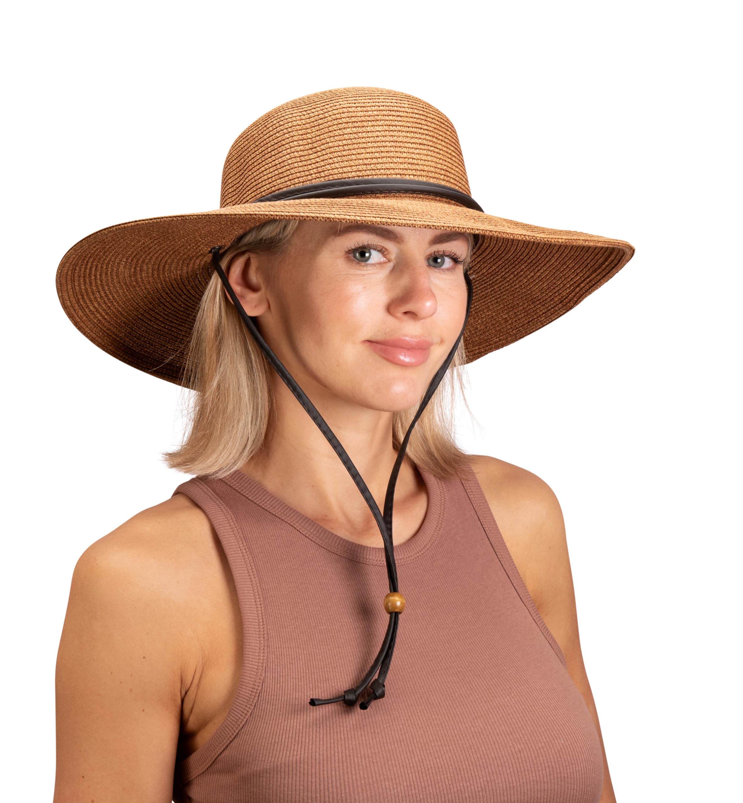 Sloggers Women's Wide Brim Braided Sun Hat with Wind Lanyard - UPF 50+ Maximum Sun Protection Dark Brown