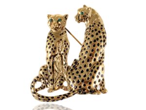 alilang golden tone tuquoise blue eyed spotted leopard family twin lover brooch pin, gold