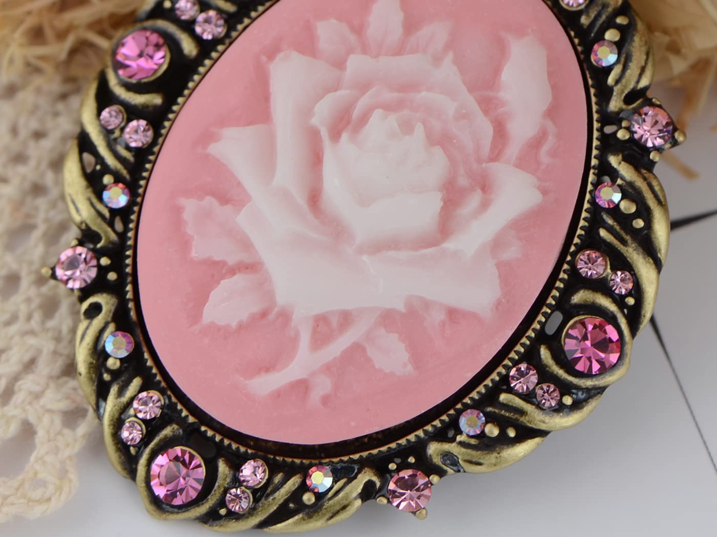 Alilang Vintage Inspired Antique Reproduct Rose Pink Crystal Flower Cameo Pin Brooch, Rose Pink