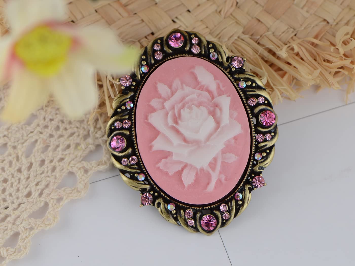 Alilang Vintage Inspired Antique Reproduct Rose Pink Crystal Flower Cameo Pin Brooch, Rose Pink