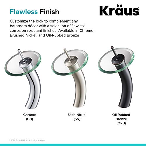 Kraus KGW-1700CH-CL Single Lever Vessel Glass Waterfall Bathroom Faucet Chrome with Clear Glass Disk