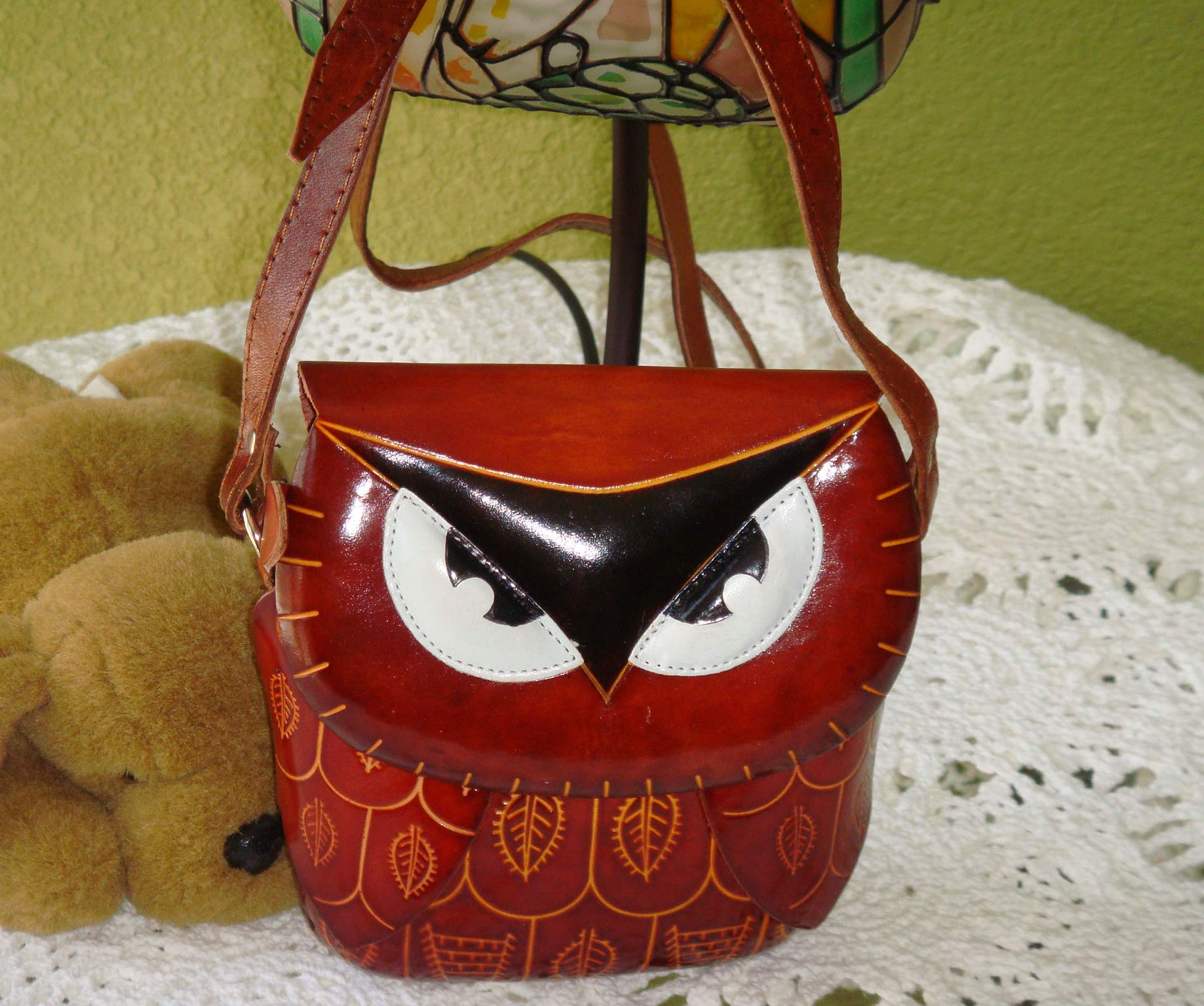 Lovely Owl Designs, Genuine Cowhide Leather Shoulder/crossbody Bag, a Unique and Collectible Small Satchel. (Brown)