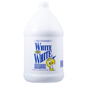 chris christensen white on white whitening treatment dog shampoo, groom like a professional, brightens white, safely removes yellow & other stains, all coat types, made in usa, 1 gal.