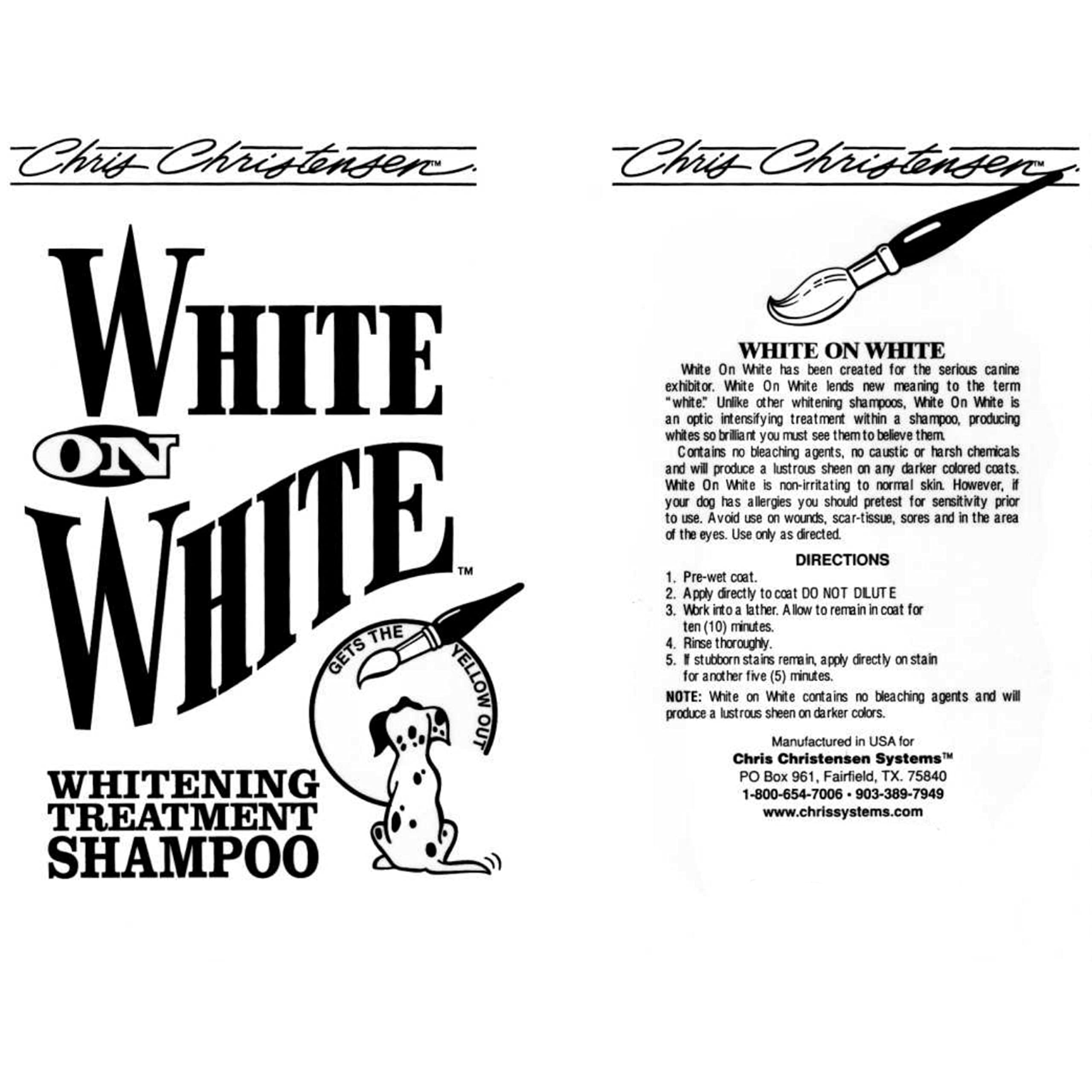 Chris Christensen White on White Whitening Treatment Dog Shampoo, Groom Like a Professional, Brightens White, Safely Removes Yellow & Other Stains, All Coat Types, Made in USA, 1 gal.