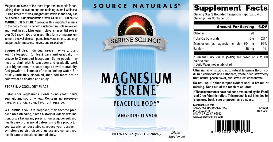 Source Naturals Serene Science Magnesium Serene, Peaceful Body*, Tangerine Flavored - 9 Ounce Powder