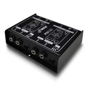 pyle-pro premium direct injection audio box - passive di unit hum eliminator w/ input attenuator to connect guitar & bass - 1/4 inch impedance transformer connector to balanced & unbalanced xlr-pdc22 , black