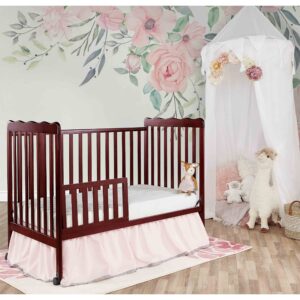 Dream On Me Carson Classic 3-In-1 Convertible Crib In Cherry, Made Of Sustainable Pinewood, Non-Toxic Finish, Comes With Locking Wheels, Wooden Nursery Furniture