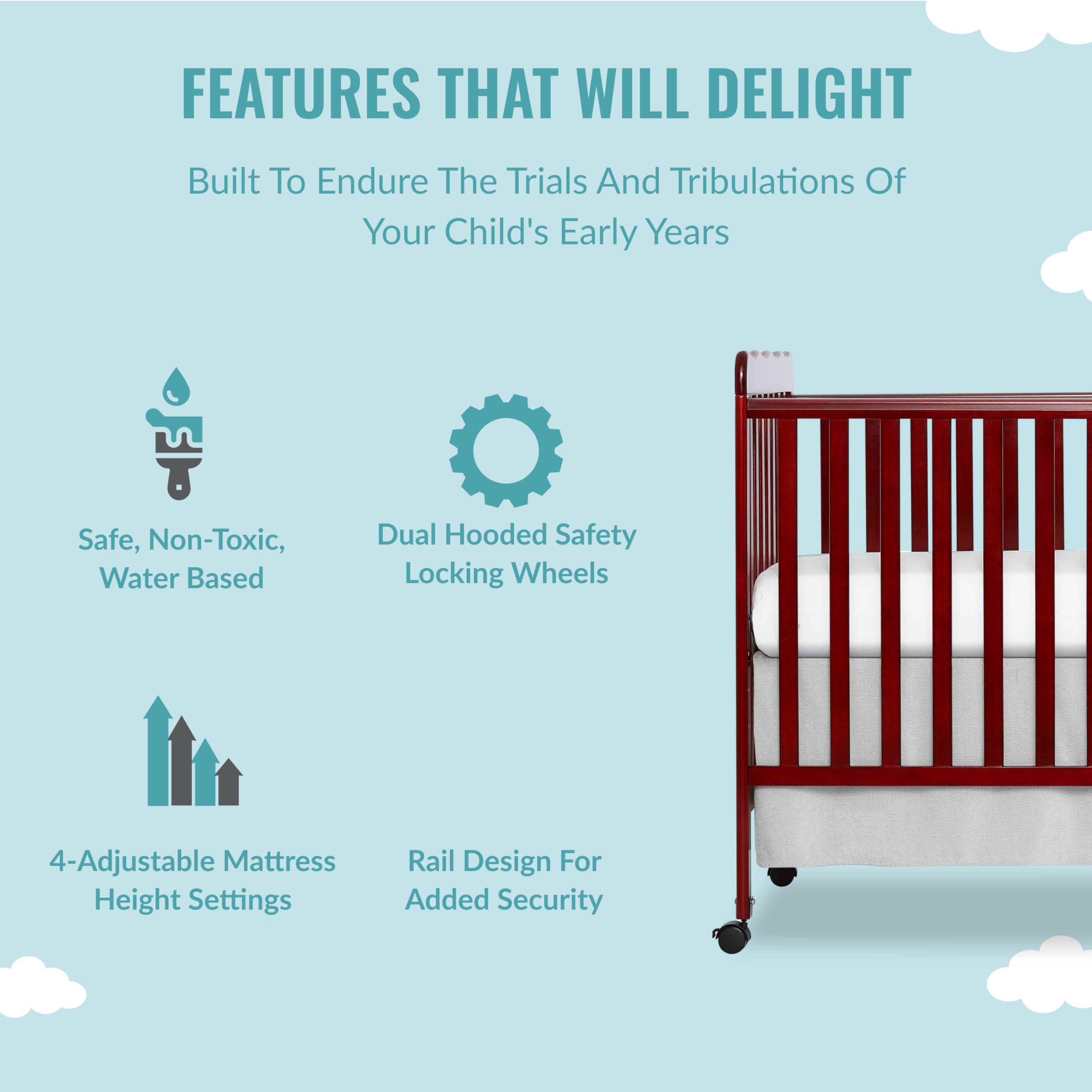 Dream On Me Carson Classic 3-In-1 Convertible Crib In Cherry, Made Of Sustainable Pinewood, Non-Toxic Finish, Comes With Locking Wheels, Wooden Nursery Furniture