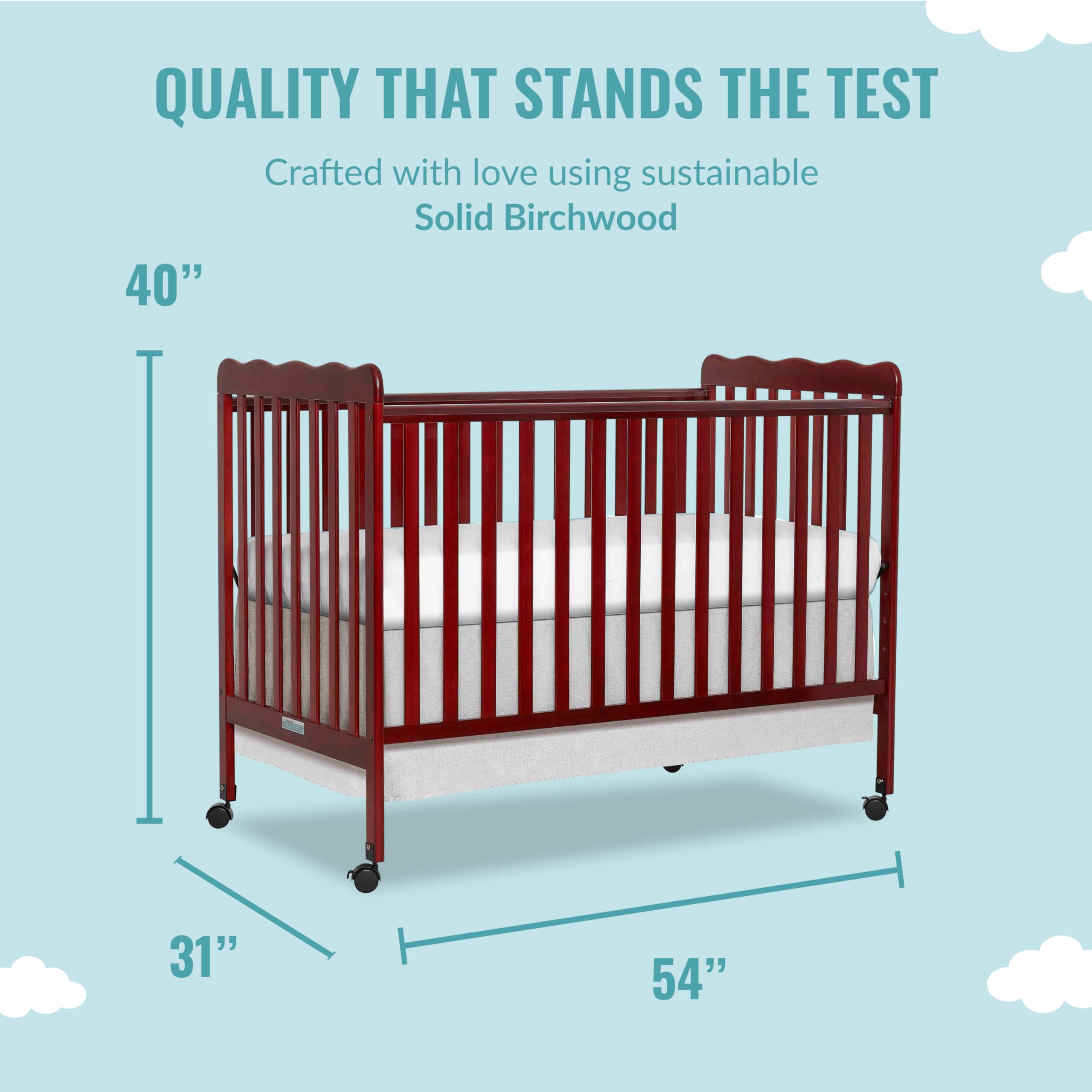 Dream On Me Carson Classic 3-In-1 Convertible Crib In Cherry, Made Of Sustainable Pinewood, Non-Toxic Finish, Comes With Locking Wheels, Wooden Nursery Furniture