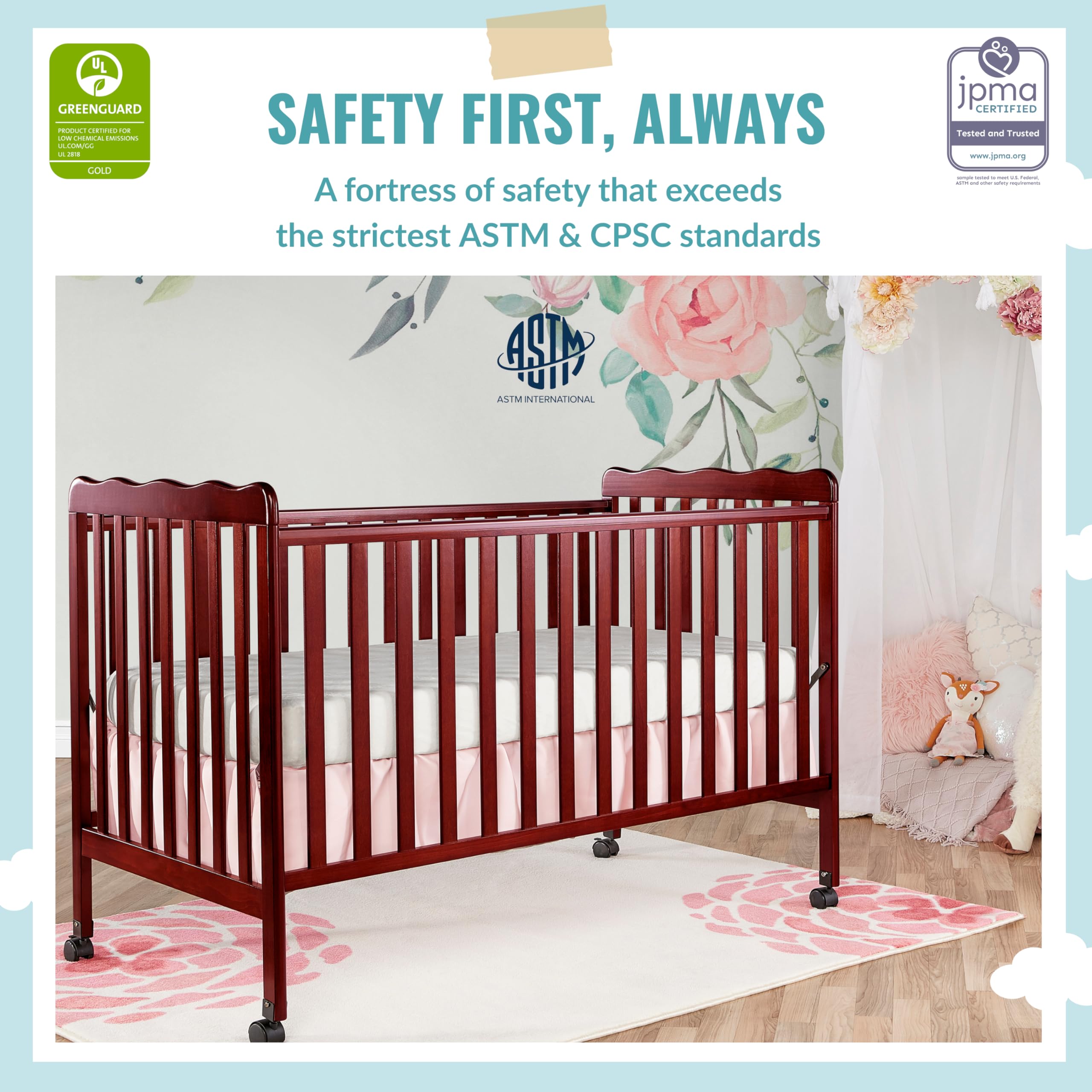 Dream On Me Carson Classic 3-In-1 Convertible Crib In Cherry, Made Of Sustainable Pinewood, Non-Toxic Finish, Comes With Locking Wheels, Wooden Nursery Furniture