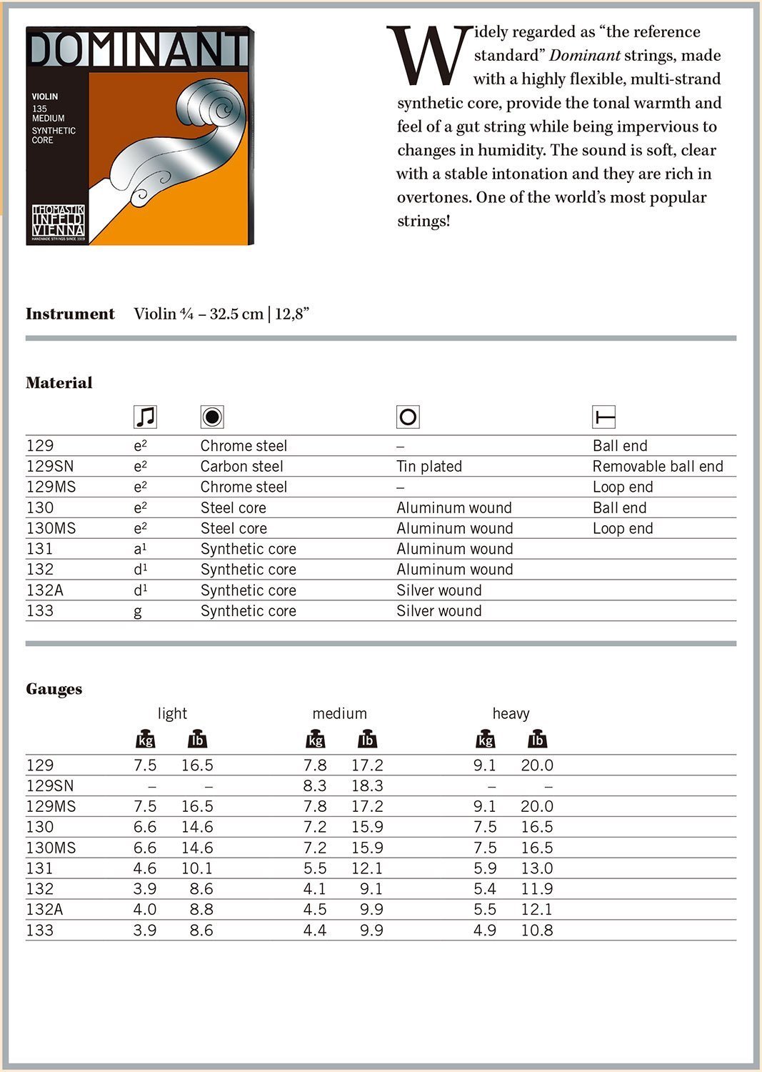 Thomastik-Infeld 135MS Dominant 4/4 Violin String Set with Wound Loop E