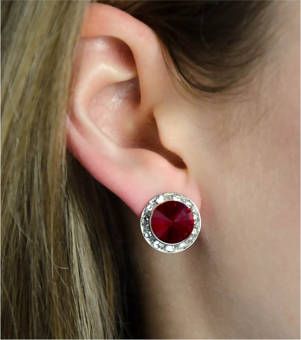 PammyJ Bridal Earrings | 15mm Crystal Round Earrings (Dark Red)