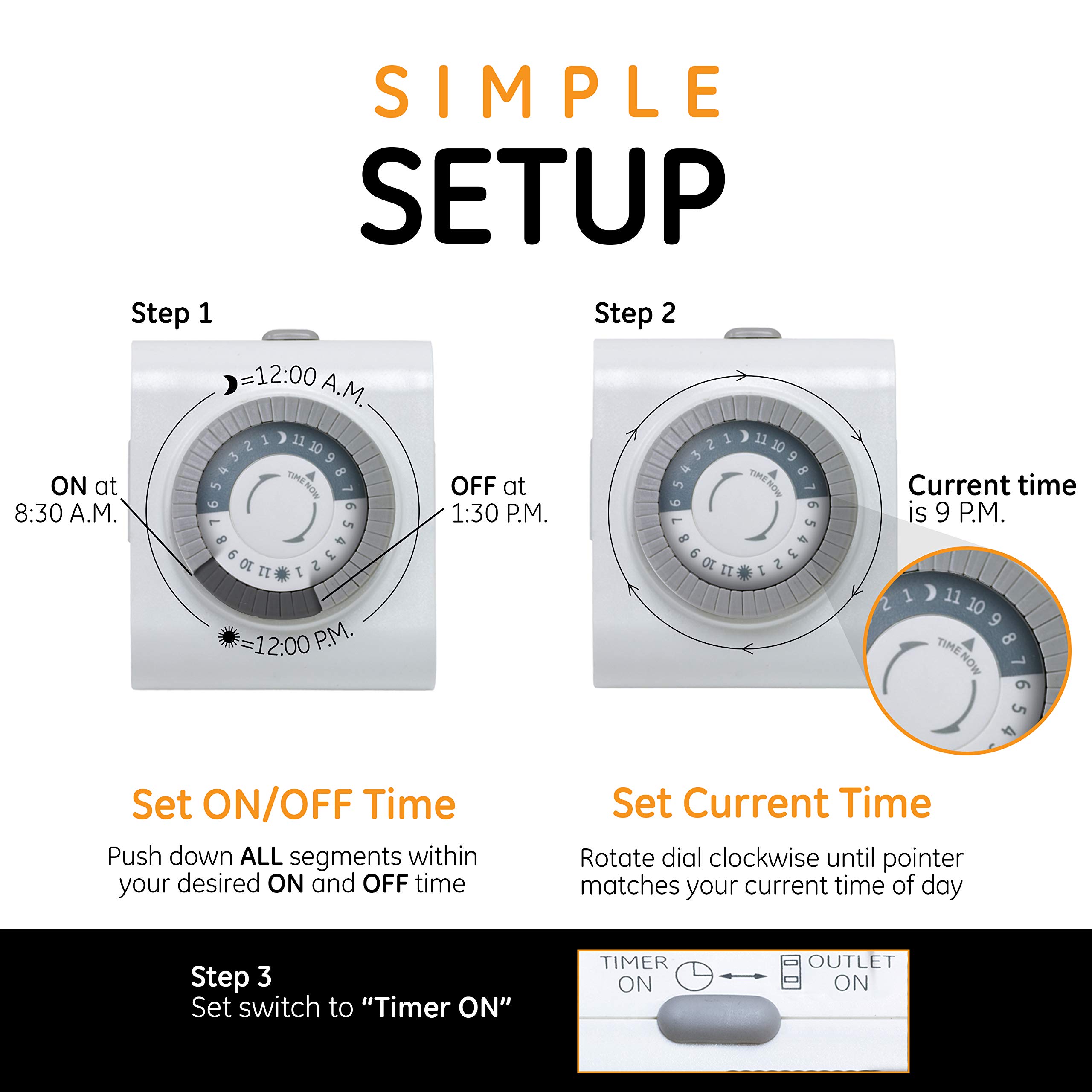 GE 24-Hour 2 Grounded Outlets Mechanical Outlet Timer, Timers for Electrical Outlets Indoor, Light Timers Indoor, Daily ON/OFF Cycle, Lamp and Christmas Light Timer, Indoor Light Timer, 15075