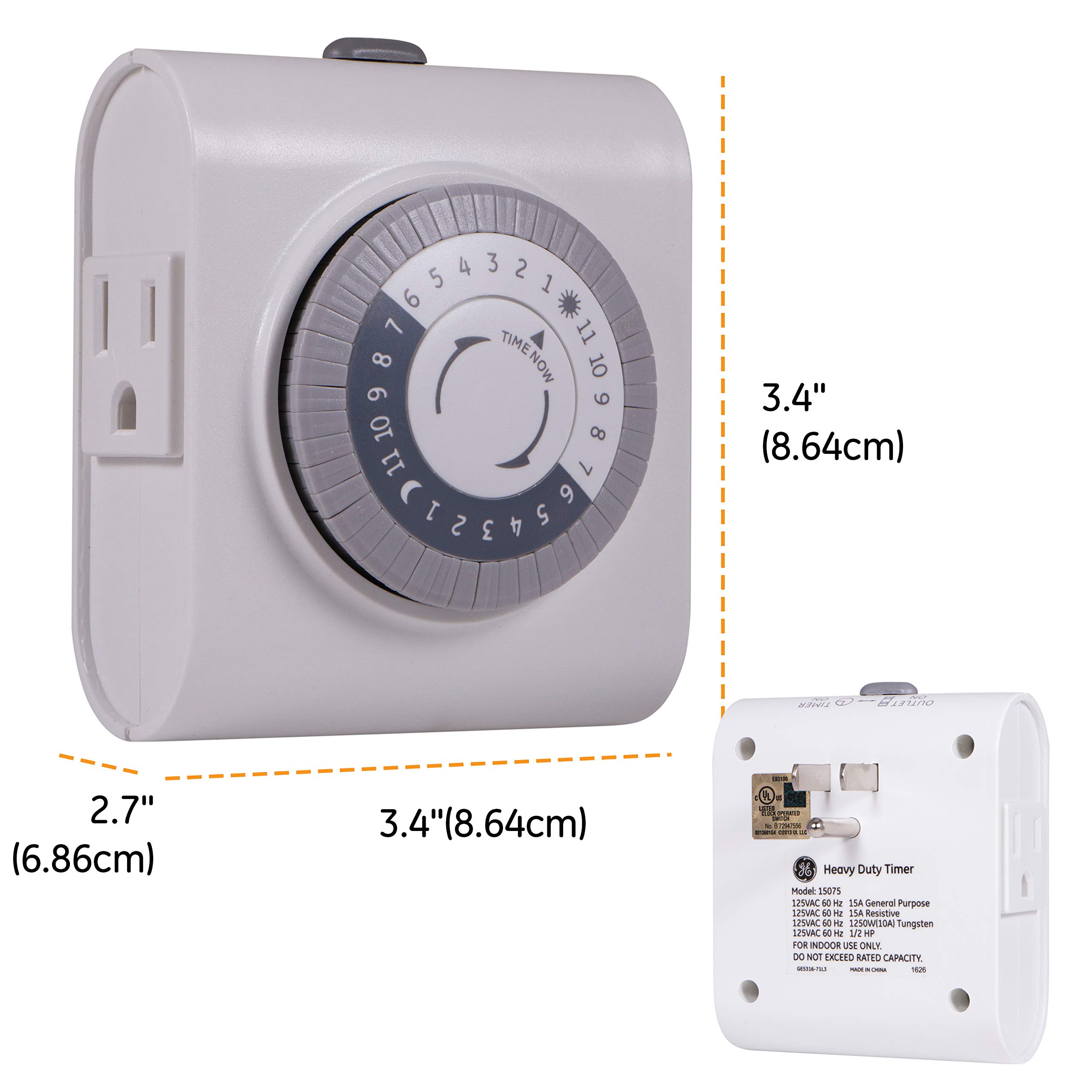 GE 24-Hour 2 Grounded Outlets Mechanical Outlet Timer, Timers for Electrical Outlets Indoor, Light Timers Indoor, Daily ON/OFF Cycle, Lamp and Christmas Light Timer, Indoor Light Timer, 15075