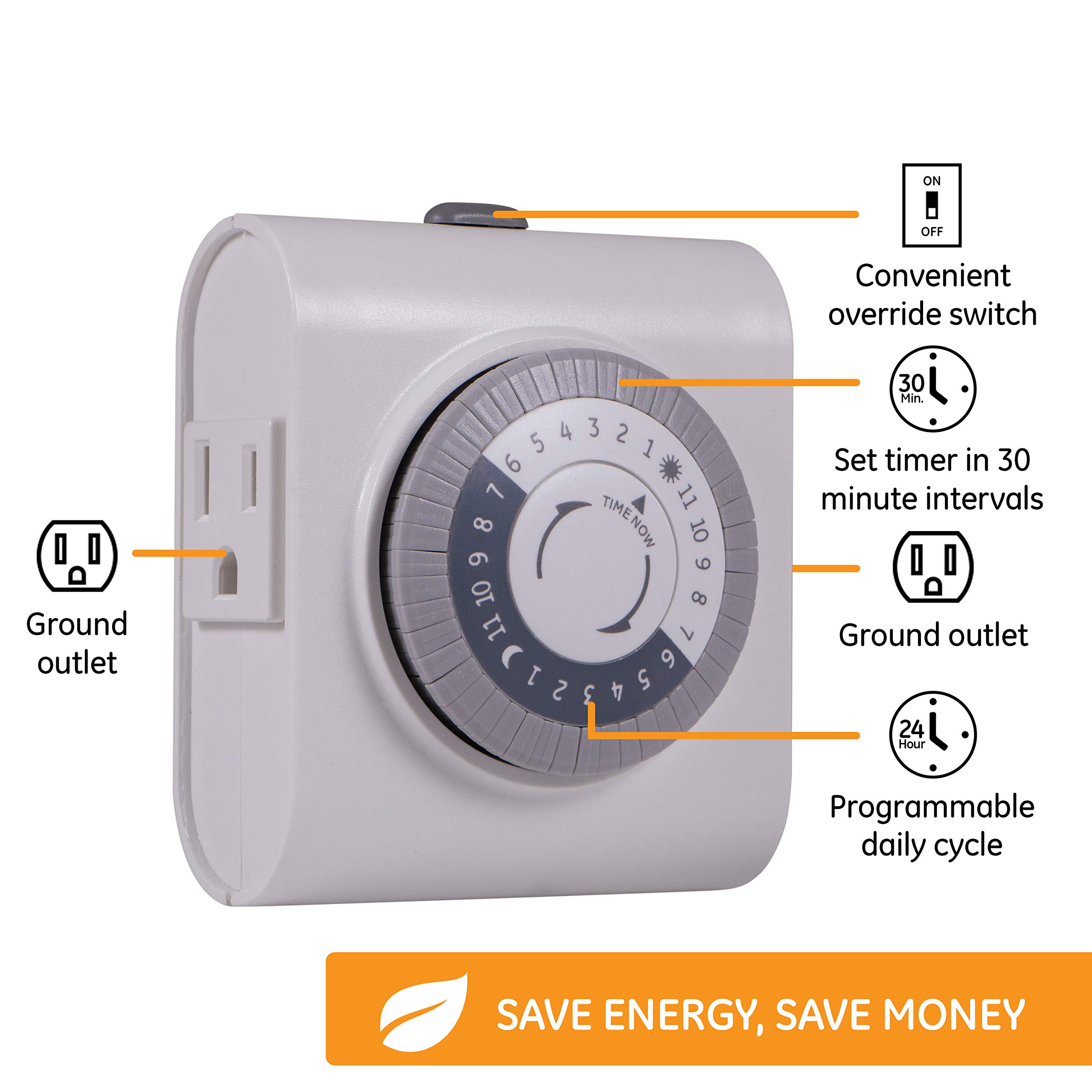 GE 24-Hour 2 Grounded Outlets Mechanical Outlet Timer, Timers for Electrical Outlets Indoor, Light Timers Indoor, Daily ON/OFF Cycle, Lamp and Christmas Light Timer, Indoor Light Timer, 15075