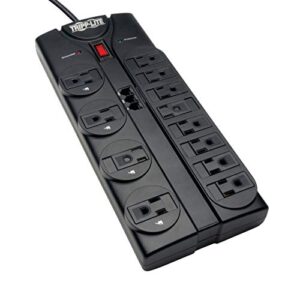 tripp lite 12 outlet surge protector power strip, 8ft cord, right-angle plug, tel/modem protection, rj11, $150,000 insurance (tlp1208tel), black