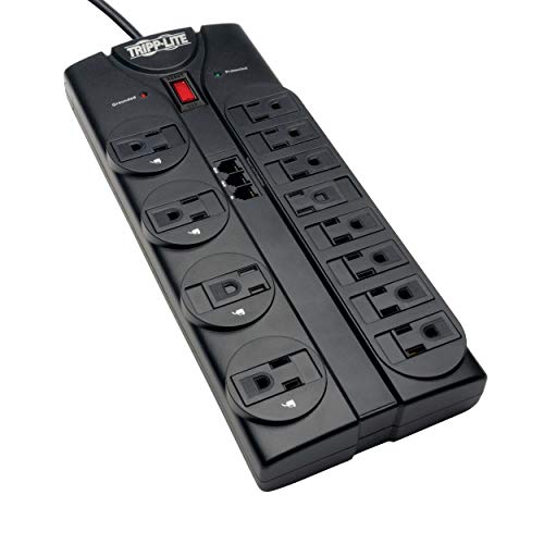 Tripp Lite 12 Outlet Surge Protector Power Strip, 8ft Cord, Right-Angle Plug, Tel/Modem Protection, RJ11, $150,000 Insurance (TLP1208TEL), Black