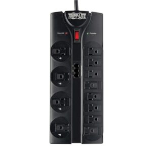 Tripp Lite 12 Outlet Surge Protector Power Strip, 8ft Cord, Right-Angle Plug, Tel/Modem Protection, RJ11, $150,000 Insurance (TLP1208TEL), Black