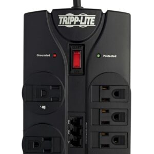 Tripp Lite 12 Outlet Surge Protector Power Strip, 8ft Cord, Right-Angle Plug, Tel/Modem Protection, RJ11, $150,000 Insurance (TLP1208TEL), Black