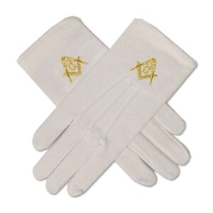 gold square & compass masonic embroidered cotton gloves - [white]